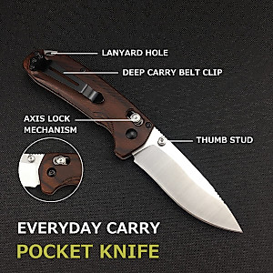 Manual Open North Fork 15031-2 Knife, Axis Lock Knife with 2.8 Inch D2 Steel Blade, Wood Handle, EDC Folding Pocket Knife with Thumb Stud, Belt Clip