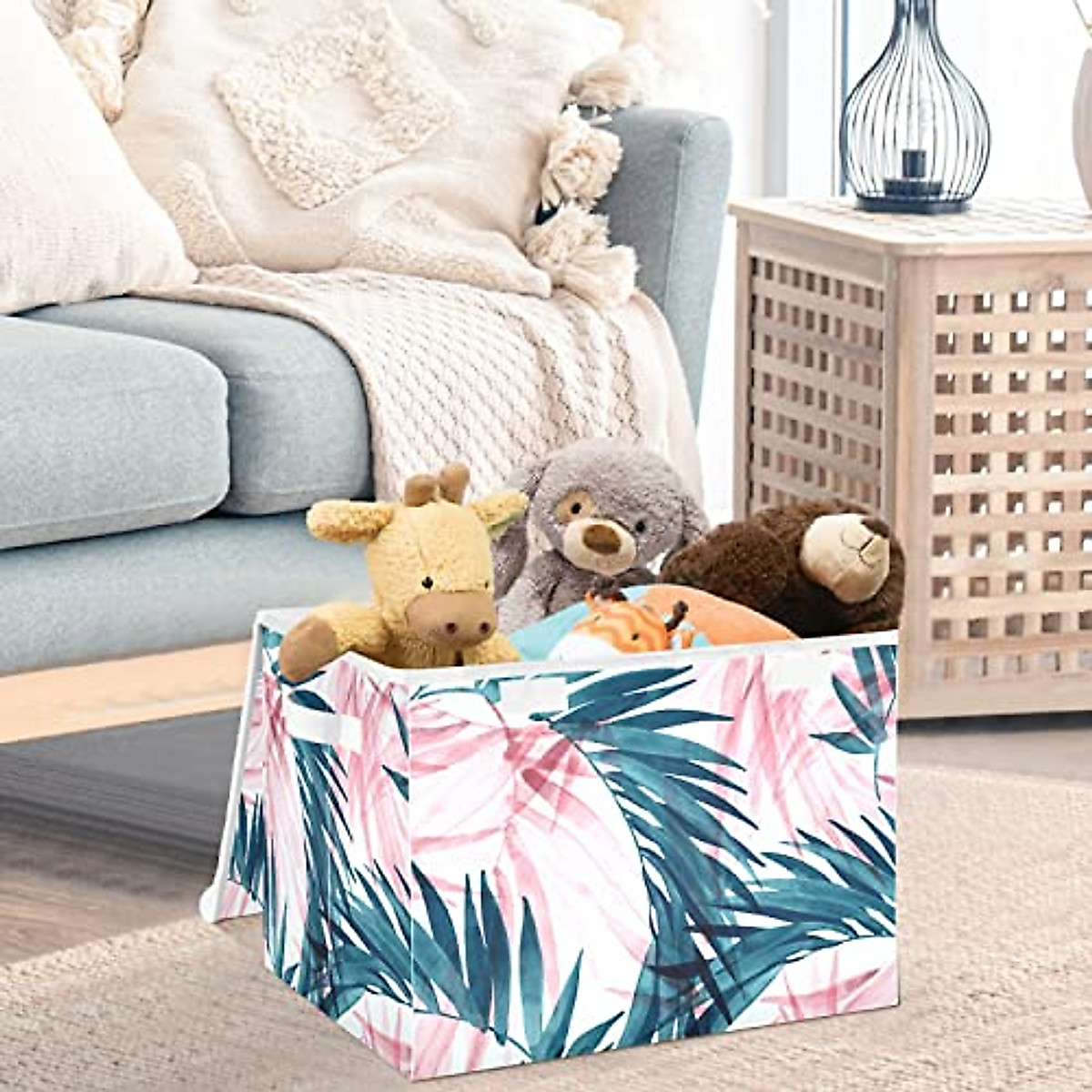 CaTaKu Tropical Storage Bins with Lids and Handles, Palm Leaves Fabric Large Storage Container Cube Basket with Lid Decorative Storage Boxes for Organizing Clothes