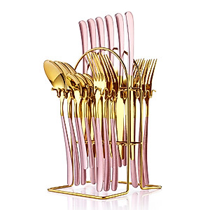 24 Pieces Silverware Set, Stainless Steel Flatware Set with Silverware Holder Spoons Forks Knives Set,Utensils Set Service for 6,Cutlery Set for Kitchen (Pink)