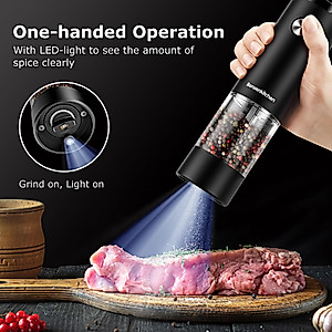 Bonsenkitchen Electric Salt and Pepper Grinder Set, Battery Operated(Not Included),2 Pack Automatic Salt & Pepper Mill Shakers with LED Light, Adjustable Coarseness, Storage Base, 95ml Large Capacity