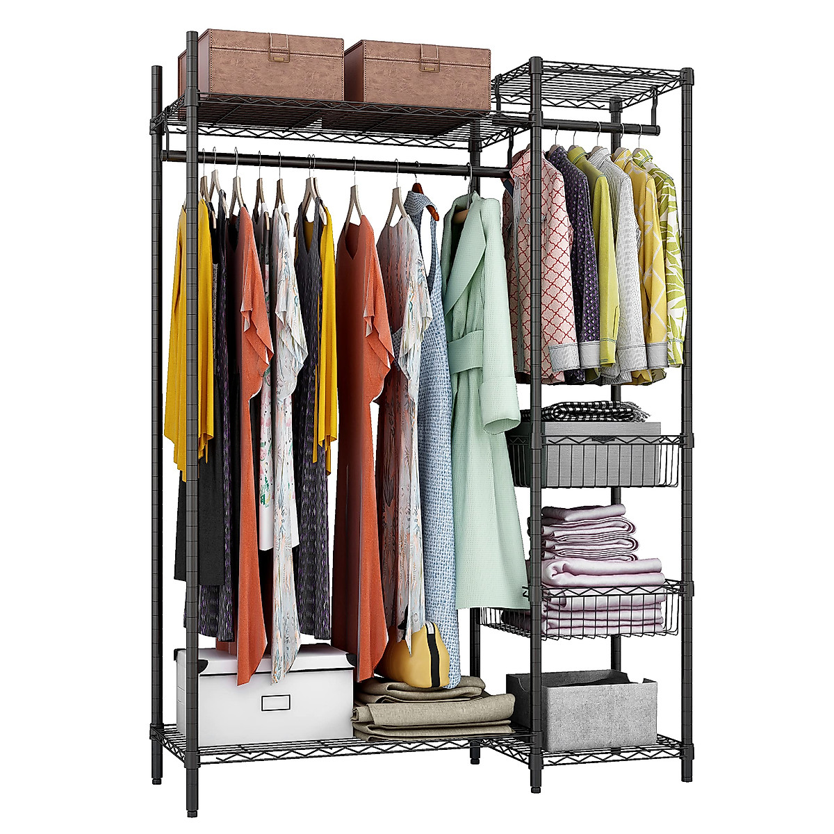 Xiofio 6 Tiers Heavy Duty Garment Rack,Clothing Storage Organizer,Metal Clothing Rack, Adjustable Clothing Rack with Hanging Rod and Wire Fixing Baskets,46.7"L x 15.7"W x 70.5"H Max Load 600LBS,Black