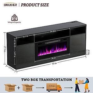 BREEZEHEAT Electric Fireplace TV Stand-Led Entertainment Center-70 inch TV Stand with 36" Electric Fireplace-Living Room Tv Cabinet with Storage for TVs Up to 80"，Modern Media Console (Black)