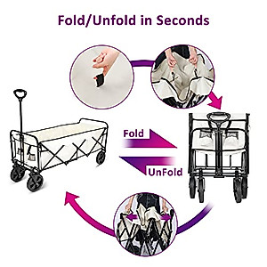 DYD Extended Folding Utility Wagon, 330LBS Heavy Loaded Collapsible Garden Cart with Anti-Slip Wheels, Adjustable Handle and Side Pockets, Large, White, Picnic, Beach, Camping, X-Large