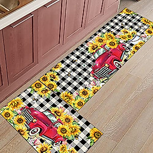 Teamery Kitchen Mats for Floor, Red Truck with Farm Sunflower Black Buffalo Plaid Kitchen Rugs, Kitchen Organization Anti-Fatigue Kitchen Mat, Kitchen Decor Runner Rug Room Decor Standing Desk Mats