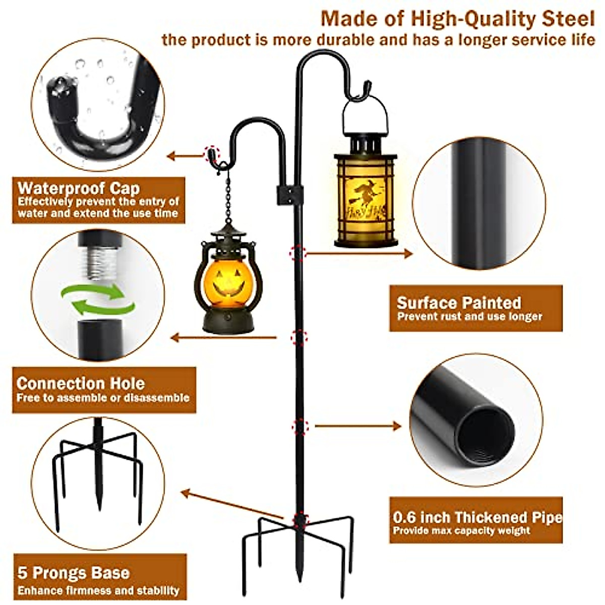 KETIEE Outdoor Shepards Hooks with 5 Prong Base, Heavy-Duty Metal Stand Pole Hanging String Lights,Multi-Function Double Shepherds Hook Garden Holder Lighting Stand for Backyard Patio Wedding