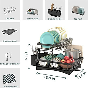 SUPPNEED Dish Drying Rack with Drainboard, 2-Tier Dish Racks for Kitchen Counter, Dish Strainers with Extra Drying Mat , Utensil Holder , Cutting Board Holder ,Wine Glass Holder, Black