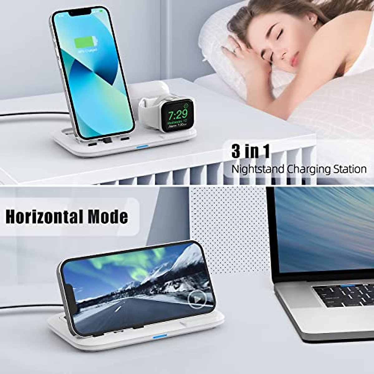 OLEBR 3 in 1 Charging Station for Multiple Devices Apple Bedside Charging Stand for iPhone and Apple Watch 7/6/SE/5/4/3/2/1 Charging Dock for AirPods Pro/3/2/1 (with 12W Fast Charger) White