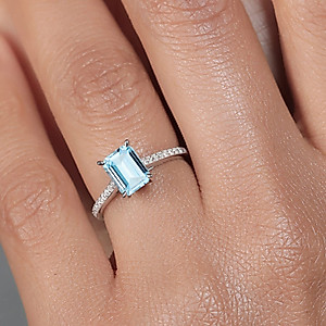 Gem Stone King 10K White Gold Emerald Cut 8X6MM Gemstone Birthstone and White Diamond Engagement Ring | Wedding Anniversary Promise Gold Ring For Women | Available In Size 5-9