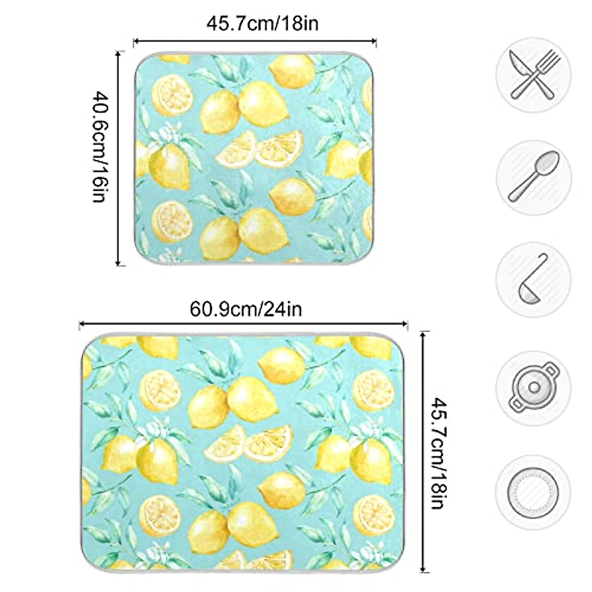 Absorbent Dish Drying Mat for Kitchen Counter - Yellow lemon teal background Microfiber Drying Pad, Reversible Drainer Mats for Countertop, Large 16 x 18 inch