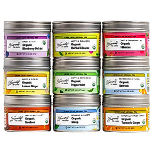 Heavenly Tea Leaves Organic Loose Leaf Herbal Tea Sampler (Approx. 90 Cups of Tea), 9 Naturally Caffeine-Free Tisanes - Great Hot or Iced, Gifts for Her, Health & Immune Support