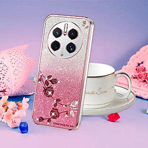 Yarxiawin for Huawei Mate 50 Pro Case Clear Glitter Sparkle Aesthetic Huawei Mate 50 Pro Phone Case Silicone Soft Flower Transparent Shockproof Cover Purple Slim (Pink)