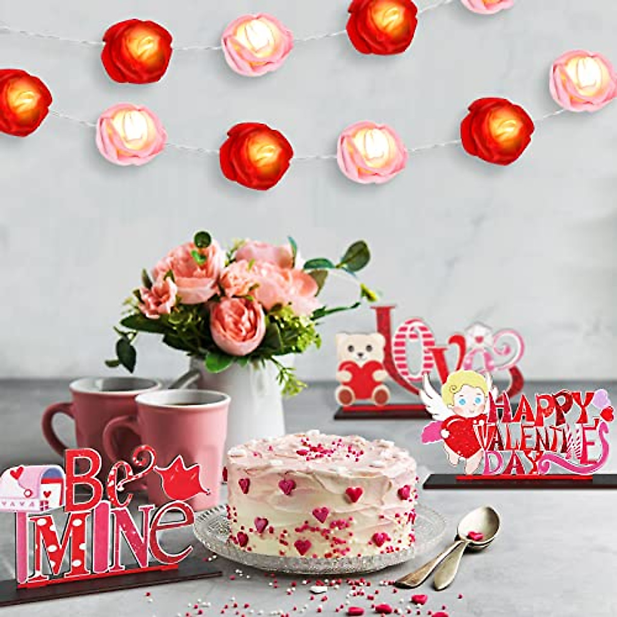 Jetec 7 Pieces Valentine's Day Table Decorations Set Wooden Heart Table Centerpiece Love Wood Sign with LED Rose Lamp String Light Valentine Decorations for Home Anniversary Wedding Party Decors