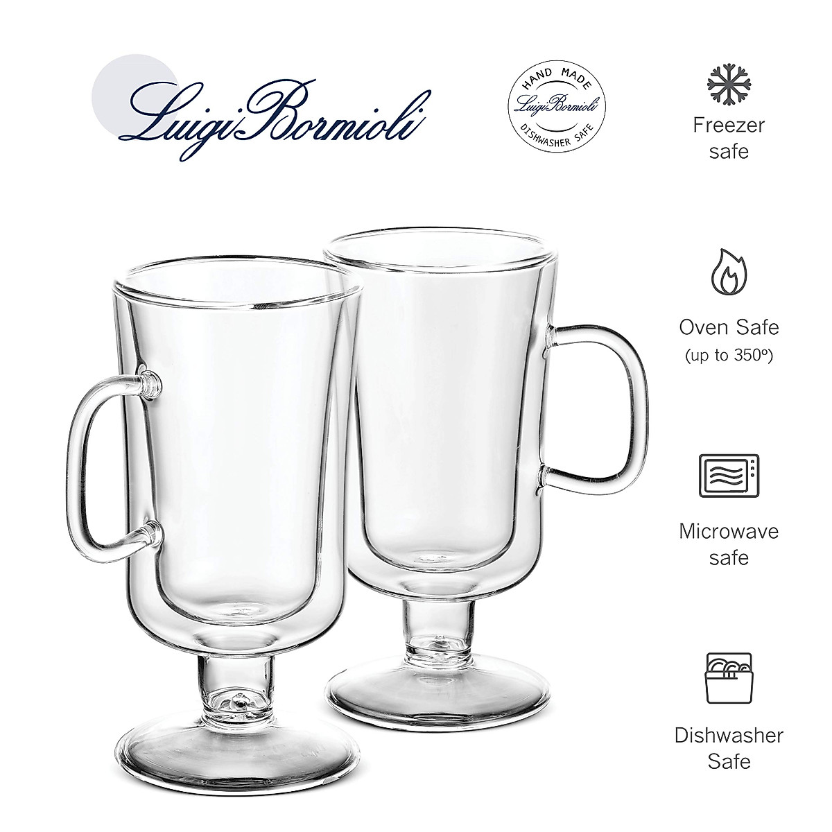 Luigi Bormioli Double Walled Irish Coffee Mugs - 8½ Oz (2 Pack) Insulated Tea Glasses, Drinking Glasses, for Latte, Espresso, Cappuccino, Desert Dish, Thermal Shock Resistant, for Hot - Cold Beverages