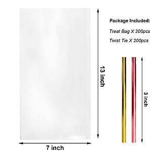 Morepack Cello Cellophane Treat Bags,200 PCS 7x13 Inches Clear Pastic Gift Bags with Twist Ties,Party Favor Bags