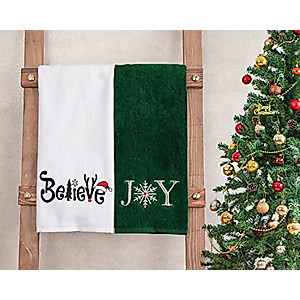 American Soft Linen Christmas Towels Bathroom Set, 2 Packed Embroidered Decorative 100% Turkish Cotton Hand Towels, Dish Towels for Decor Xmas, Joy-Believe