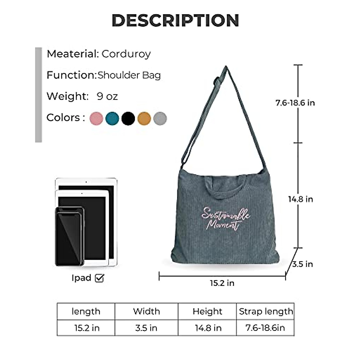 Corduroy Tote Bag for Women,Large Tote Bag ,Shoulder Bag with Zipper&Inner Pockets,Hobo Crossbody Handbag Casual Tote. (Grey)
