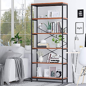 BATHWA Bookshelf, 6-Tier Industrial Bookshelves, Wood and Metal Bookcase, Free Standing Storage Vintage Bookshelf for Living Room, Bedroom and Home Office, Rustic Brown