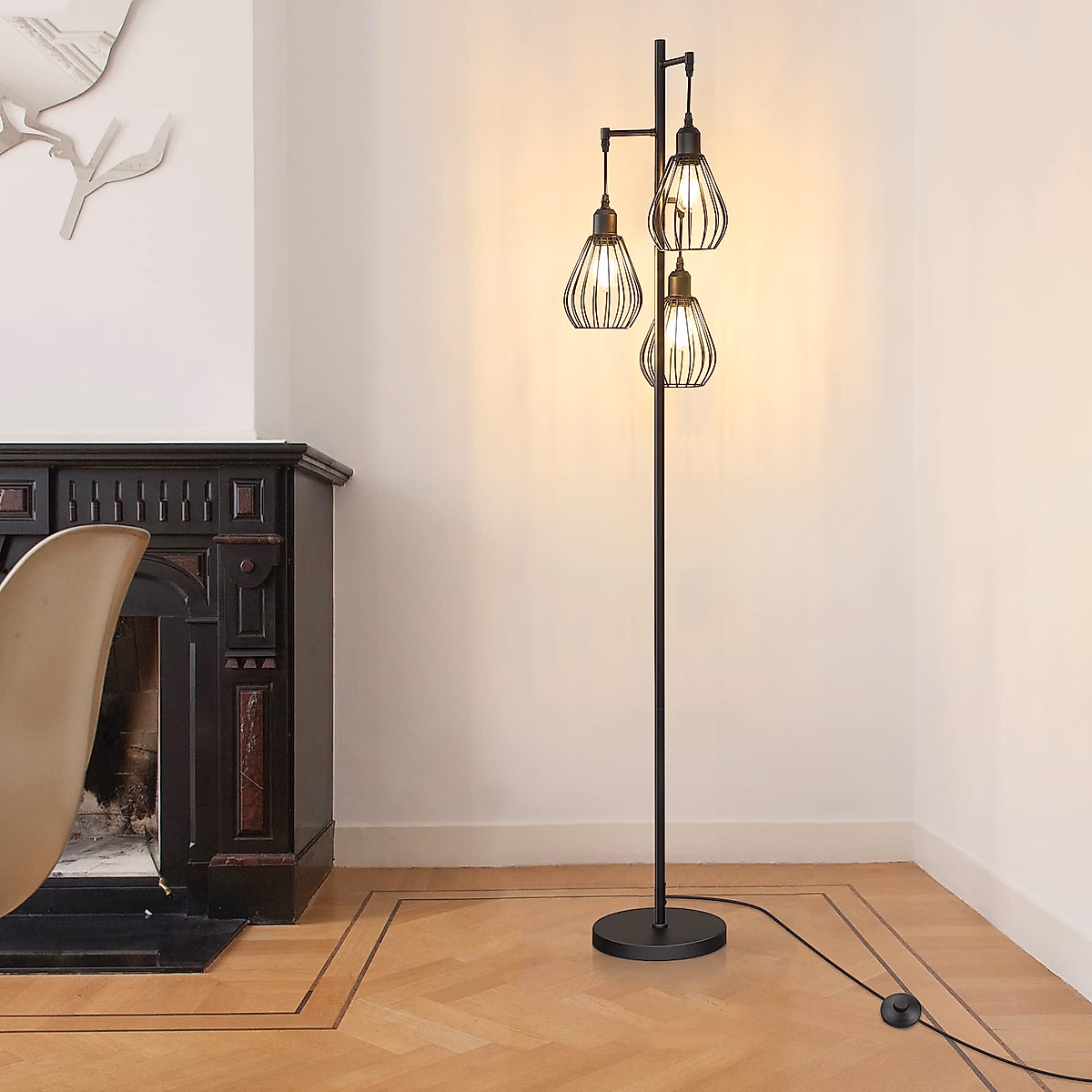 EDISHINE Industrial Floor Lamp, Tree Floor Lamp with 3 Elegant Teardrop Cage Head & 4W 3000K Edison Bulbs, Sturdy Base Standing Floor Lamp for Bedroom, Living Room, Office, E26 Base