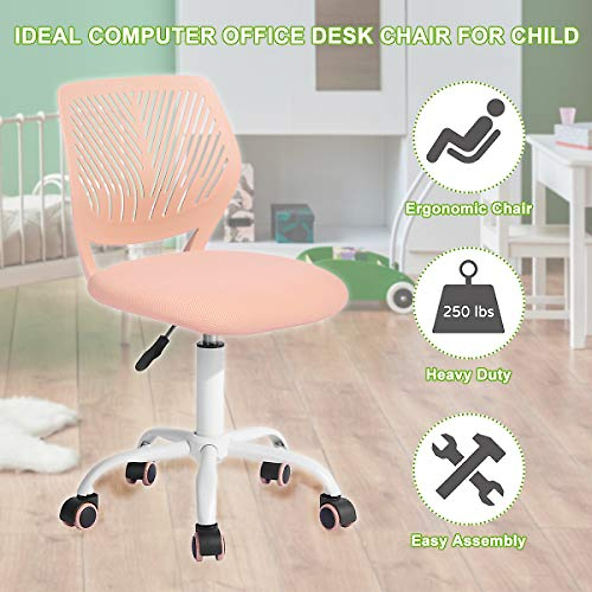 Geniqua Children Task Chair Lumbar Mid Back Adjustable Height Study Computer Chair with Mesh Seat Casters for Home Office, School, Rose Pink