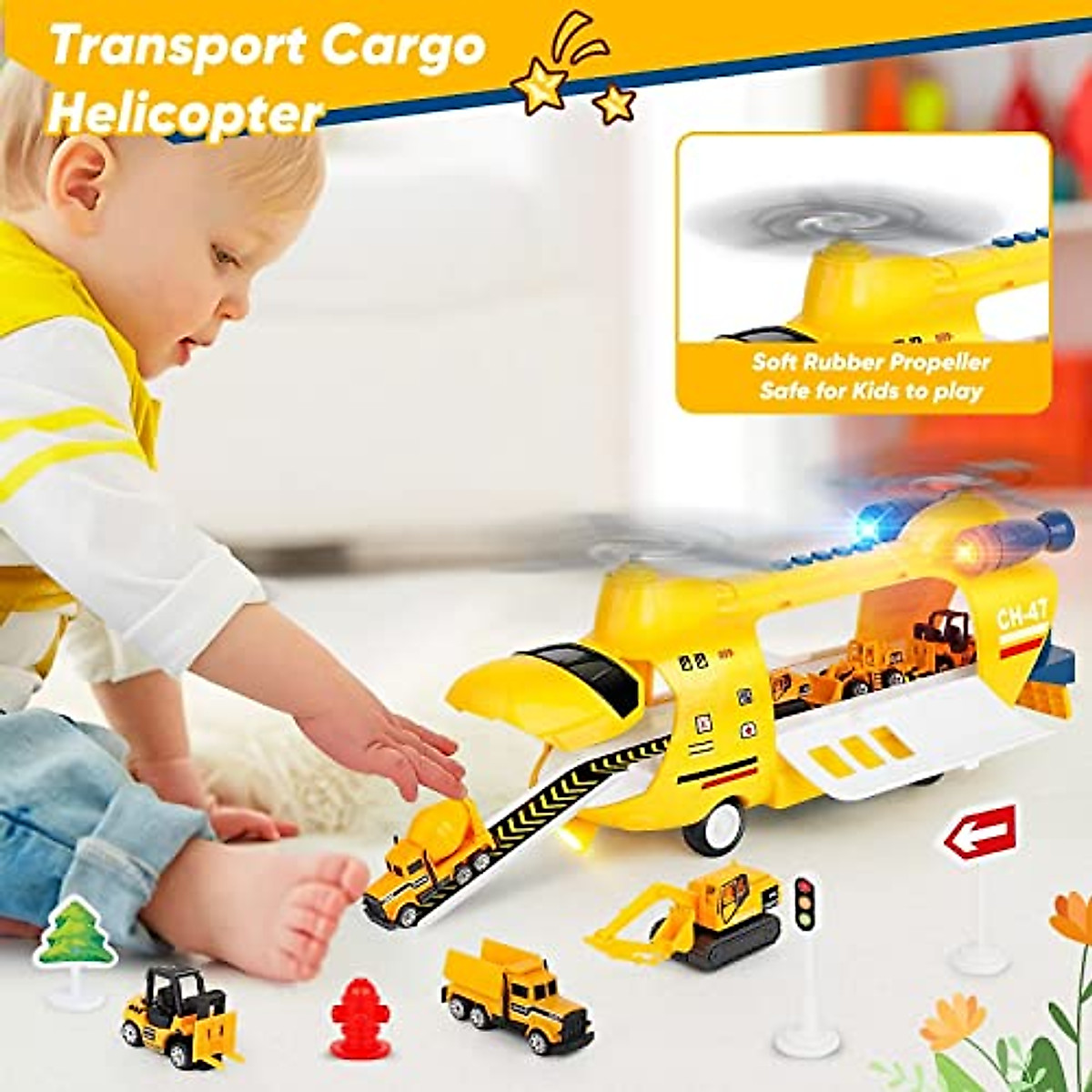 Airplane Toy with Construction Toy Cars Set, Transport Cargo Airplane with Lights and Sounds, 6 Mini Car Toys & 11 Road Signs, Toy Airplane Gifts for 3 4 5 6+ Years Old Kids Boys and Girls