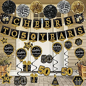 50th birthday decorations for men - (21pack) cheers to 50 years black gold glitter banner for women, 6 paper Poms, 6 Hanging Swirl, 7 decorations stickers. 50 Years Old Party Supplies gifts for men