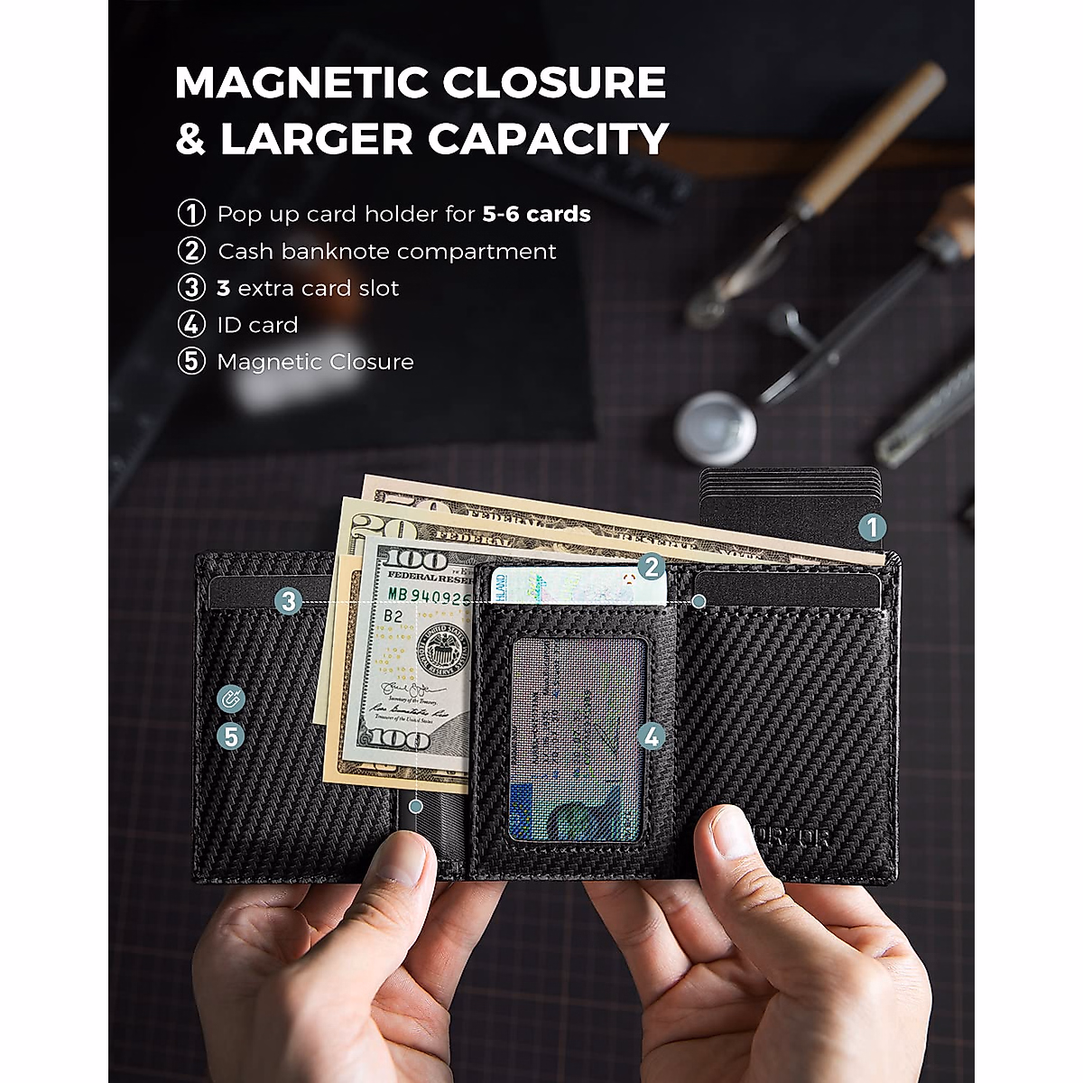 LORZOR Mens Wallet for Apple AirTag - Minimalist Pop up Smart Wallet for Men, Slim RFID, Carbon Fiber Modern Mens Wallet (AirTag Not Included)