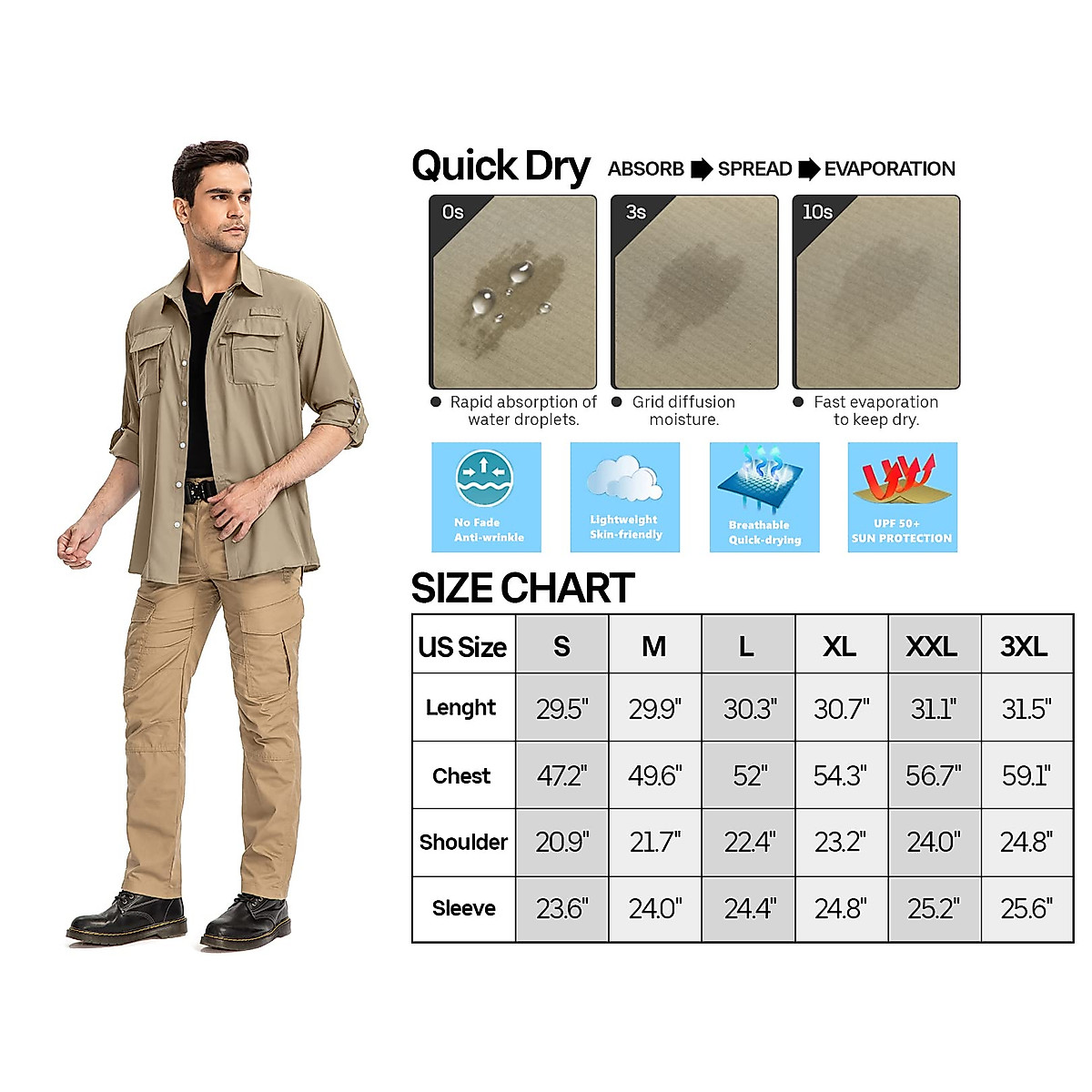 Men’s Long Sleeve Shirts UV UPF 50 Sun Protection Hiking Fishing Safari Shirt Quick Dry Cool Utility Blouse (5052 Khaki S)