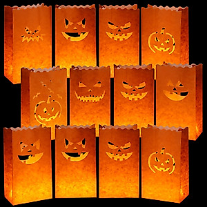 Mimorou 140 Pcs Halloween Pumpkin Bags Luminary Bags Cute Paper Lantern Candle Bags Flame Resistant Halloween Party Decoration, 7 Styles