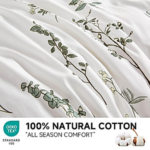 Simple&Opulence 100% Cotton Duvet Cover Set King Size, 3Pcs White Floral Botanical Printed Comforter Cover Set with Button Closure, Soft Breathable Bedding with Linen Trim for All Seasons