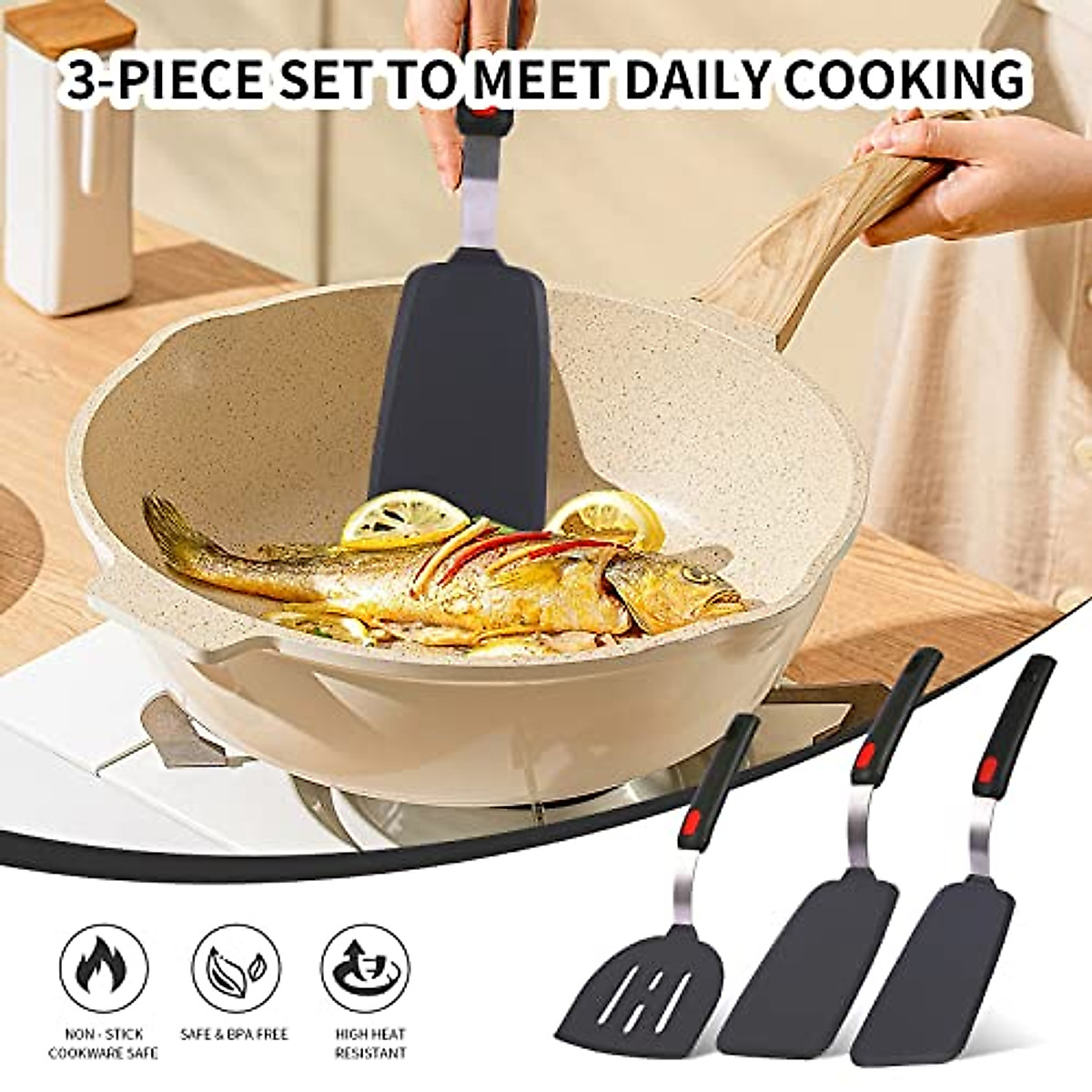 Hvanam Silicone Spatula Turner Set Large And Thin Flipper Spatulas Heat Resistant 600 ° F Slotted Flexible Turner Cooking Utensils For Nonstick Cookware Egg,Pancake,Fish,Omelette,Hamburger (3 Pack)