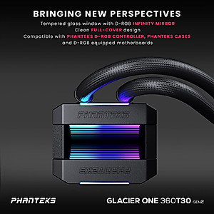 Phanteks (PH-GO360T30_DAG02) Glacier One 360T30 Gen 2 D-RGB AIO Liquid CPU Cooler, 360mm Radiator, Infinity Mirror Pump Cap Design, Aluminum Covers, 3X T30-120 Premium High-Performance Fans, Black