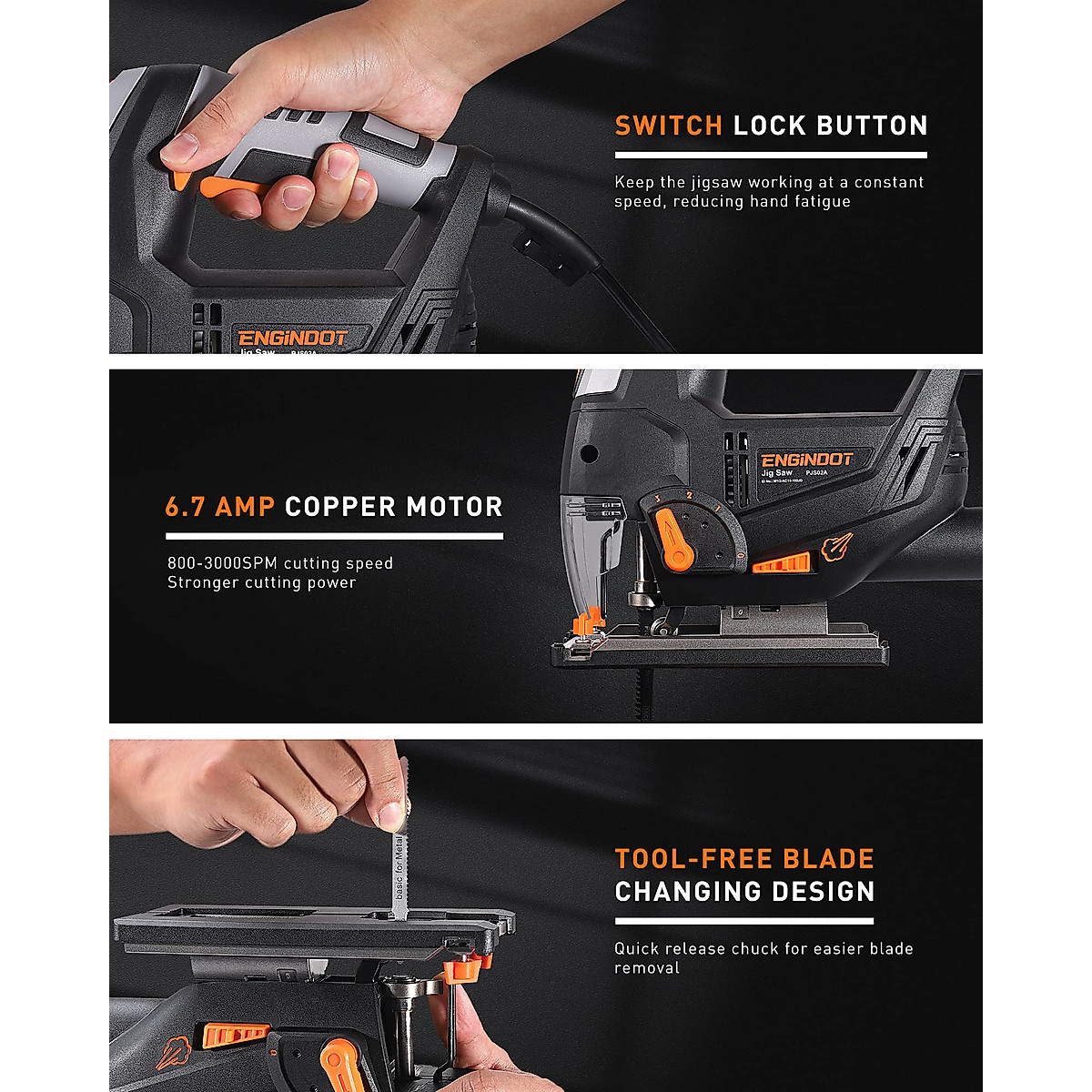 6.7 Amp 800W Jigsaw, ENGiNDOT (800-3000 SPM) Jig Saw with 6 Variable Speed, Laser & LED, 4 Orbital Sets, 6 Blades, 45° Bevel Cutting, Scale Ruler, Dust Blowing for Wood, Metal and Plastic Cutting