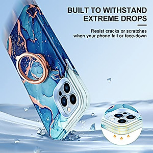 Hekodonk iPhone 13 Pro Max Case - Heavy Duty, Rotating Ring Kickstand, Tempered Glass Protector, Shockproof, Blue Marble