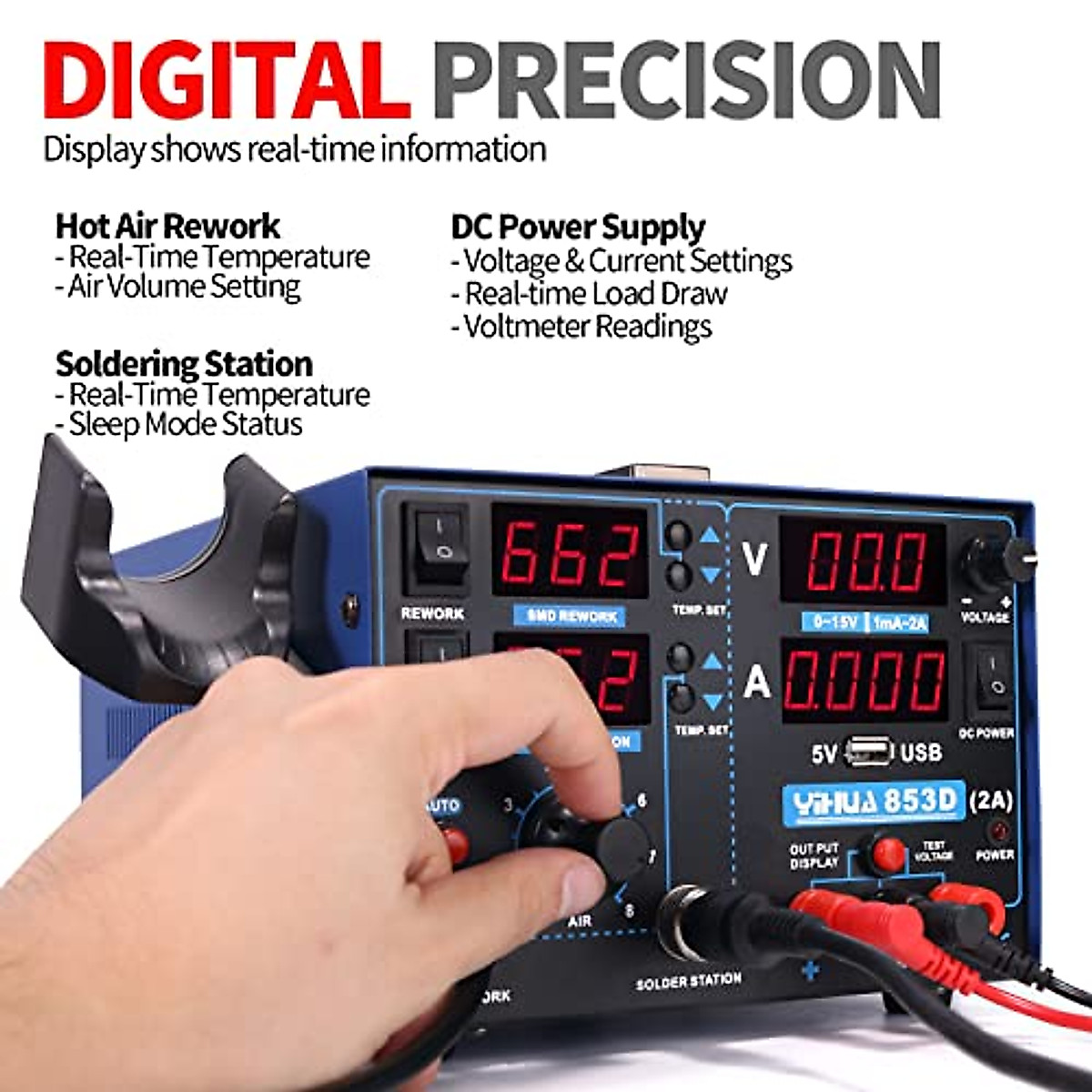 YIHUA 853D 2A USB SMD Hot Air Rework Soldering Iron Station, DC Power Supply 0-15V 0-2A with 5V USB Charging Port and 35 Volt DC Voltage Test Meter