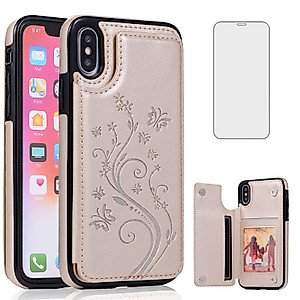 Phone Case for iPhone Xs X 10 10s with Tempered Glass Screen Protector Card Holder Wallet Cover Stand Flip Leather Cell iPhoneX iPhoneXs iPhone10 i PhoneX SX 10x 10xs X’s Cases Women Golden