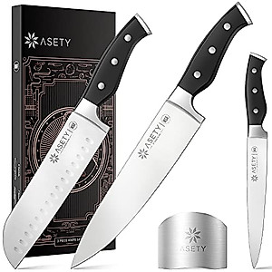 ASETY Kitchen Knife Professional Chef Knife Set 3 Piece, Ultra Sharp German Stainless Steel Knife and Finger Guard, Ergonomic Handle Knives for Kitchen NSF Food-Safe, Gifts for Women I Men