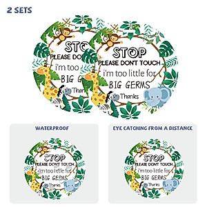 PLIGREAT 2 Pack No Touching Baby Car Seat Sign, No Kissing Baby Stroller Tag with Hanging Straps and Clip, Please Dont Touch Baby Safety Sign for Baby Girl Boy, Green Leaves and Cute Animals Pattern