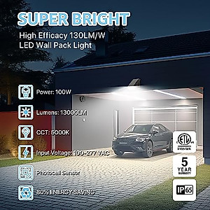 HYPERLITE LED Wall Pack Light with Dusk to Dawn Photocell 100W 13,000LM, Ideal Outdoor Security Lighting Commercial and Industrial LED Wall Lights for Parking lot Garage Factory ETL Listed