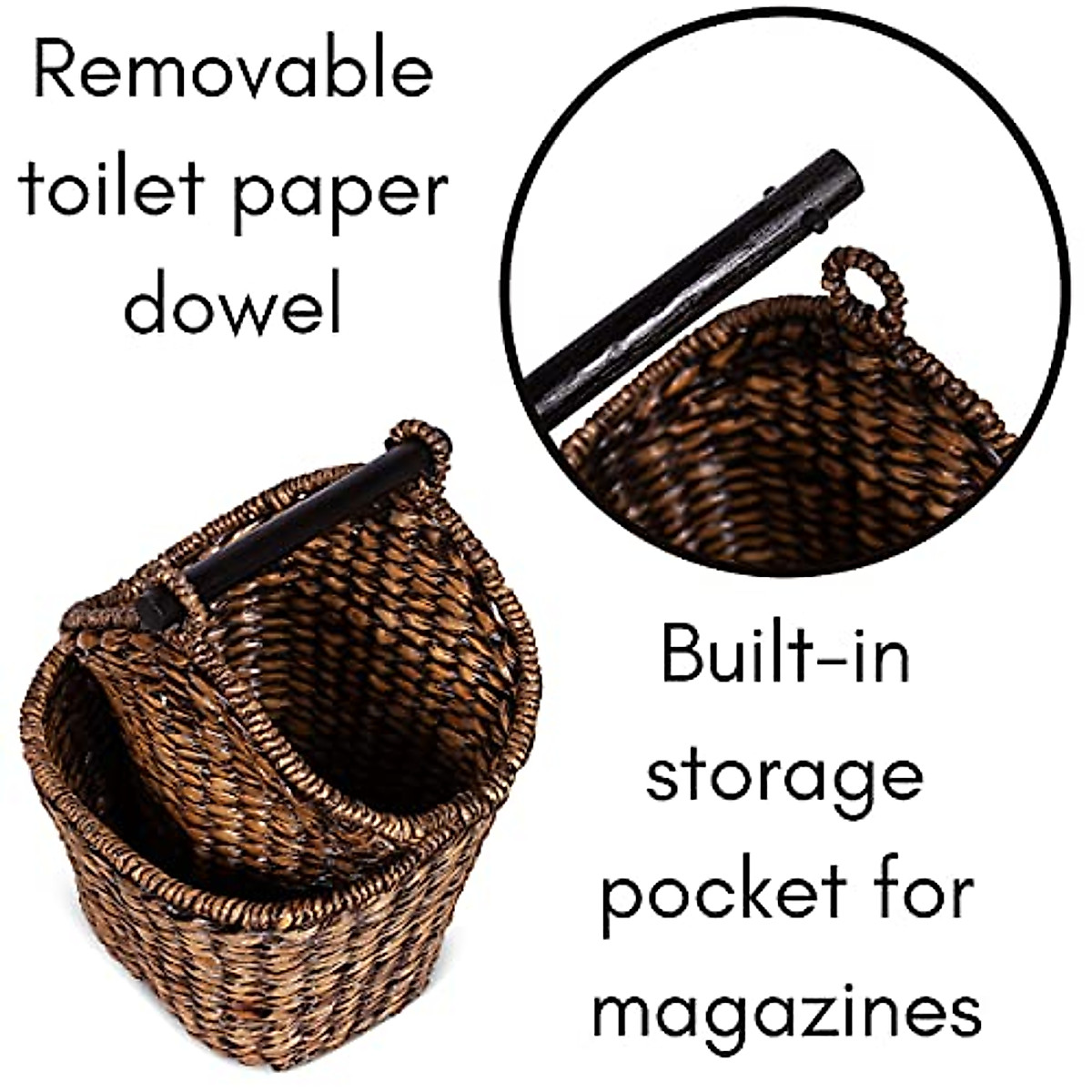 BirdRock Home Seagrass Magazine and Bathroom Basket - Hand Woven Toilet Paper Holder with Pocket - Grey Wash - Stylish Decorative Design - Wooden Basket Décor - Dispenser
