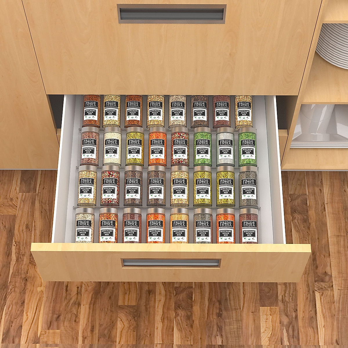 Dingelex 2 Pack Adjustable Expandable 4 Tier Acrylic Spice Rack Tray Drawer Organizer, Clear Spice Drawer Organizer Insert for Kitchen Cabinets, Expands 8’’ to 16’’