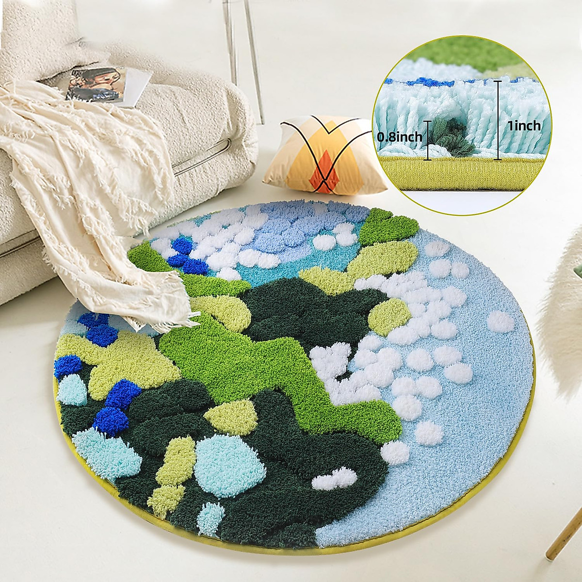 COMBLUE Round Moss Bathroom Rugs Non Slip, Cute Aesthetic Funky Microfiber Shaggy Tufted Circle Moss Bath Mat For Living Room Bedroom Decor, Soft and Absorbent, Machine Washable, Light Blue 40x40 Inch