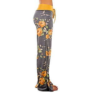 iChunhua Women's Comfy Stretch Floral Print Drawstring Palazzo Wide Leg Lounge Pants(XL,Yellow)