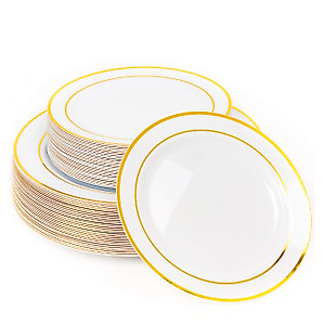 MATANA 60 pc Reusable Gold Plastic Plates with White Gold Rim - 30 Dinner Plates 10.25" Inch, 30 Salad Dessert Appetizer Plates 7.5" Inch, Heavy Duty, Elegant, Premium for Parties, Wedding & Events