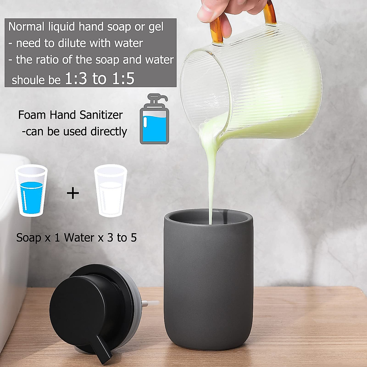 Foaming Soap Dispenser Thick Ceramic Foam Hand Soap Dispenser for Bathroom or Kitchen Sink, Liquid Pump Bottles for Hand soap, Body Wash, 2 Pack Grey