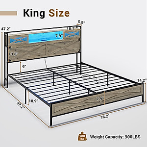 Hasuit Farmhouse Bed Frame King Size with LED Lights and Charging Station, Rustic Platform King Bed with Storage Headboard with Sliding Barn Door, No Box Spring Needed, Rustic Oak