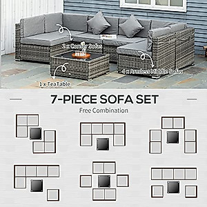 Outsunny 7-Piece Patio Furniture Sets Outdoor Wicker Conversation Sets All Weather PE Rattan Sectional Sofa Set with Cushions & Tempered Glass Desktop, Grey