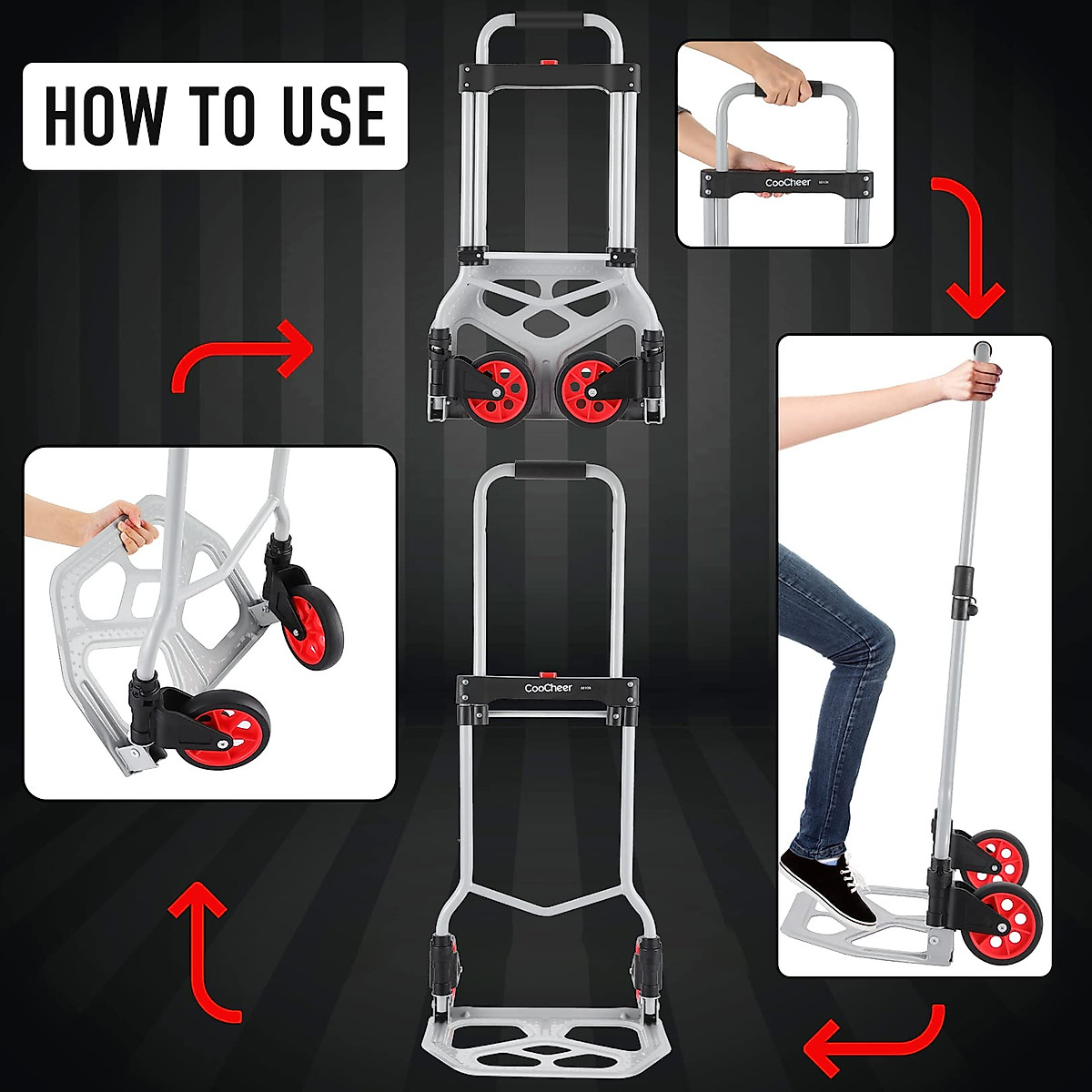 COOCHEER 265LB Capacity Folding Hand Truck Dolly - 2 Wheel Foldable Dolly Cart, Collapsible Aluminum Luggage Cart, Moving Trolley with Wheels, Silver