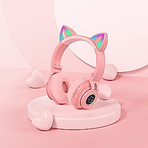 Headset Cat Ears Bluetooth Earphone Wireless Gaming Noise Cancelling 8 Hours with Mic USB Virtual Reality Detachable Cute Luminous Mouse Ear Rainbow RGB Flashing Light On-Ear Headphone (Pink) (ER-1)