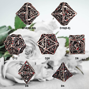 DND Dice,Hollow D&D Metal Dice,Dungeons and Dragons Dice Set with Gift Box,7 PCs Steampunk Polyhedral Dice Games Set for RPG,MTG,Pathfinder,(Dragon Blood Spattered)