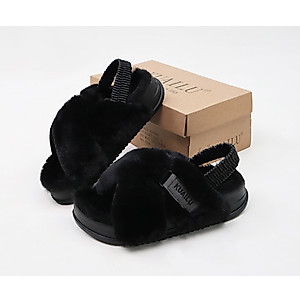 KuaiLu Womens Fuzzy Criss Cross Band Platform Slippers Back Strap Arch Support Furry Faux Fur Ladies Open Toe Slingback Slide Cozy Soft Plush Fleece Comfy House Shoes Sandals Indoor Outdoor Black 8